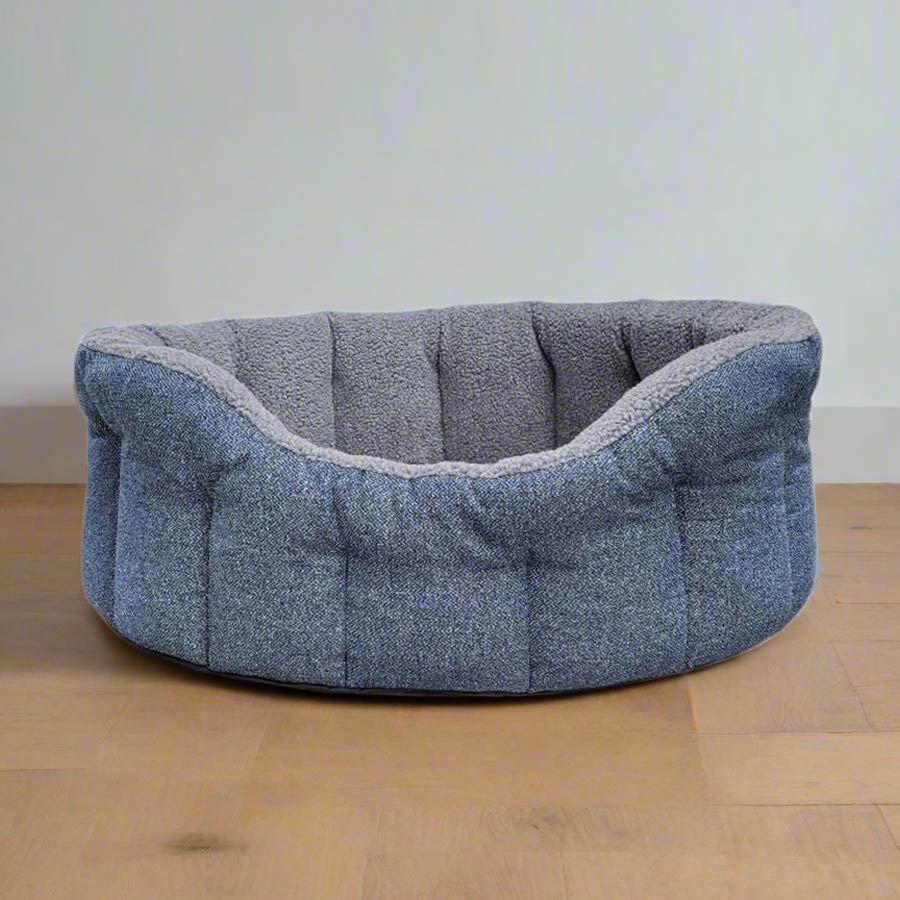 P&L Blue Orkney Tweed & Fleece Oval Dog Bed | UK Made