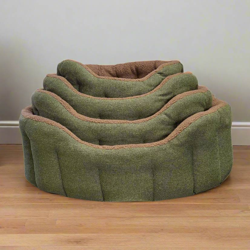 P&L Green Orkney Tweed & Fleece Oval Dog Bed | UK Made