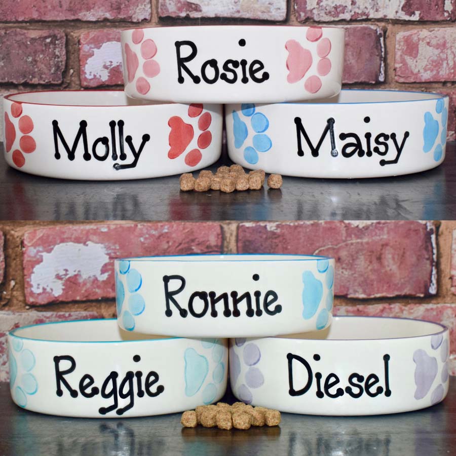 Ceramic Dog Bowls, Personalised, Paw Prints Design