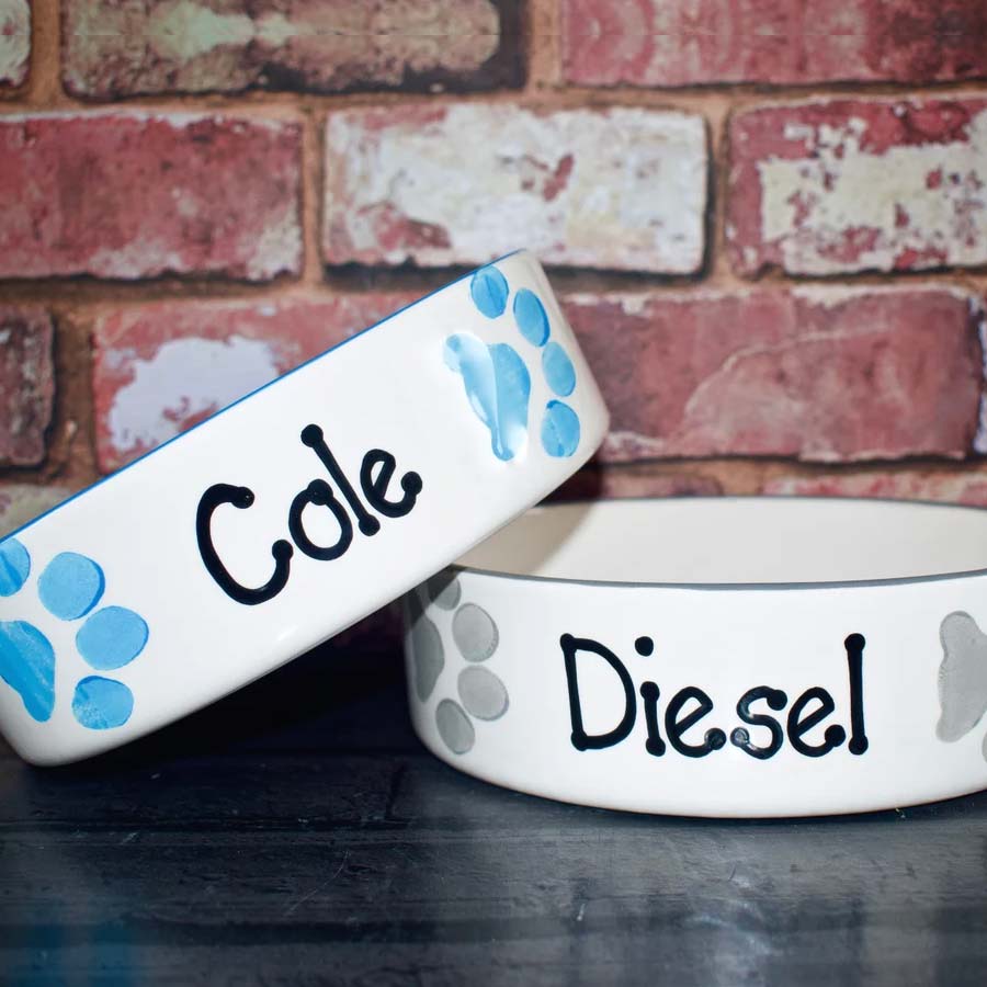 Ceramic Dog Bowls, Personalised, Paw Prints Design