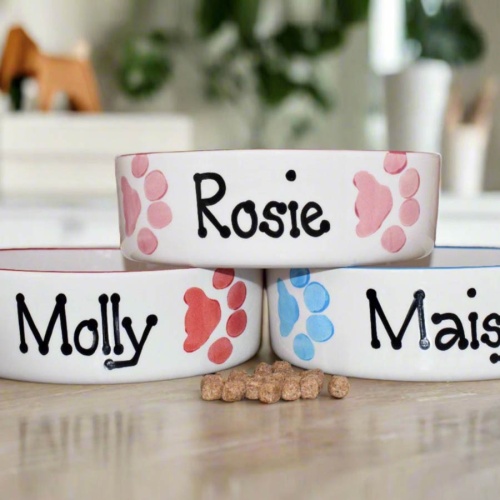 Ceramic Dog Bowls, Personalised, Paw Prints Design